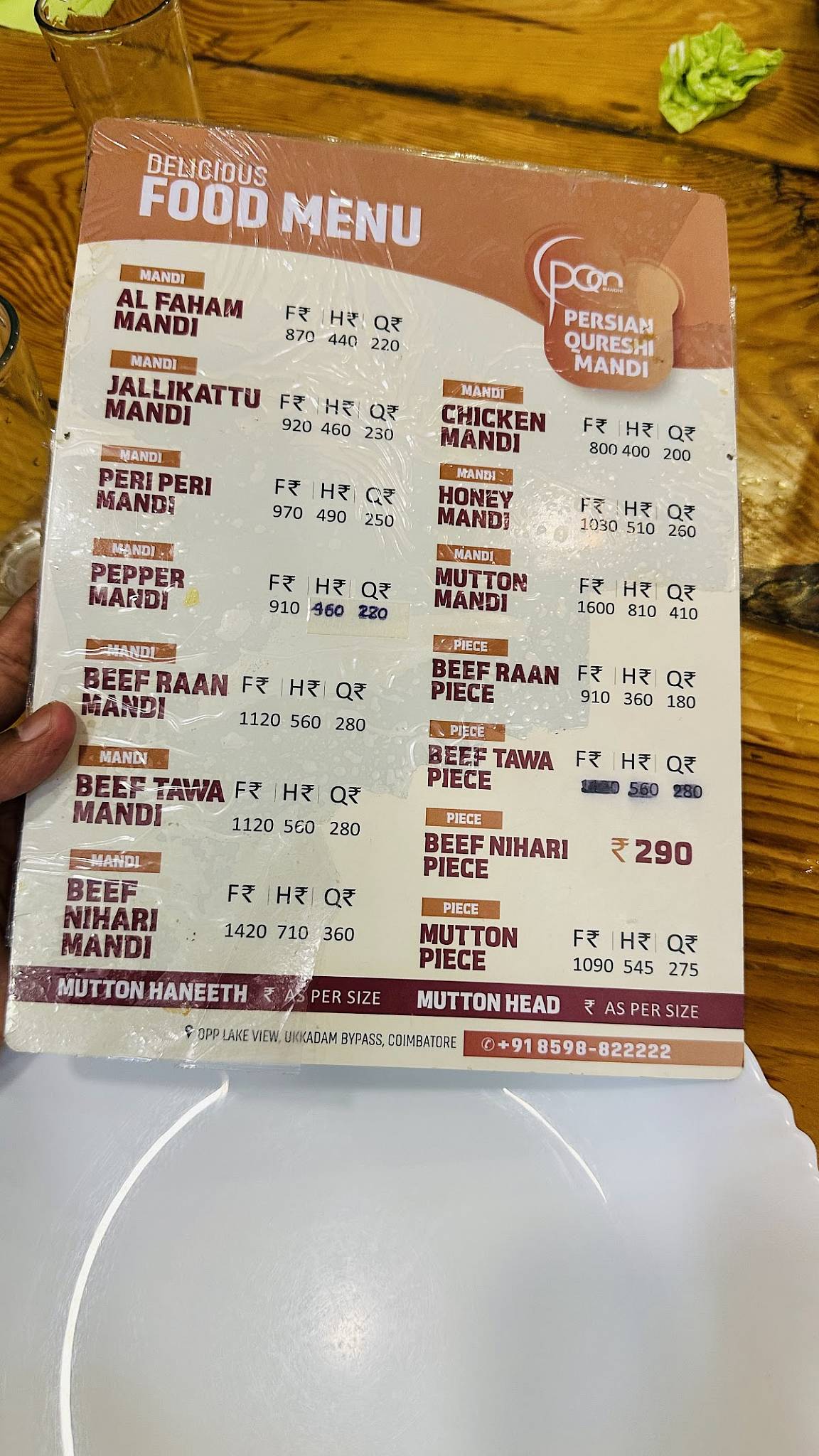Menu at Persian Qureshi Mandi, Coimbatore