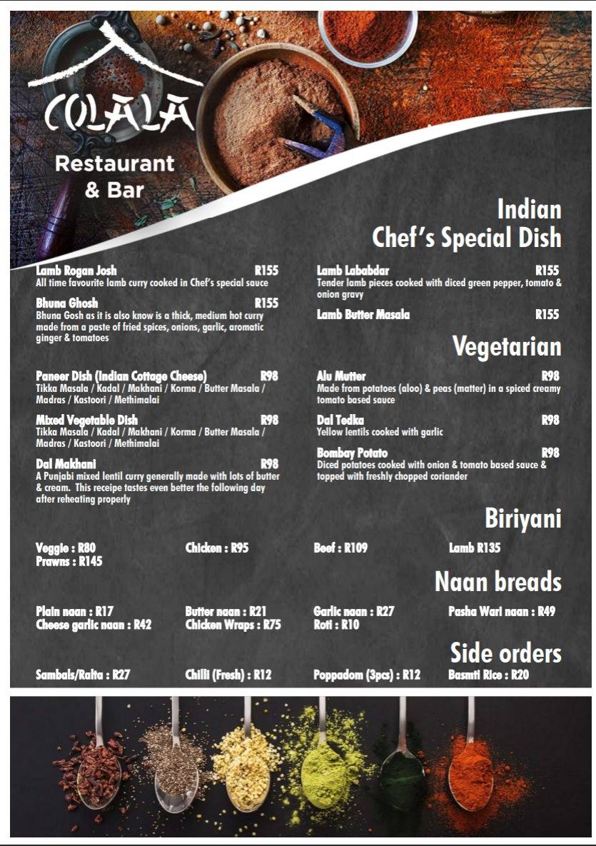 Menu at Colala restaurant & bar, Cape Town