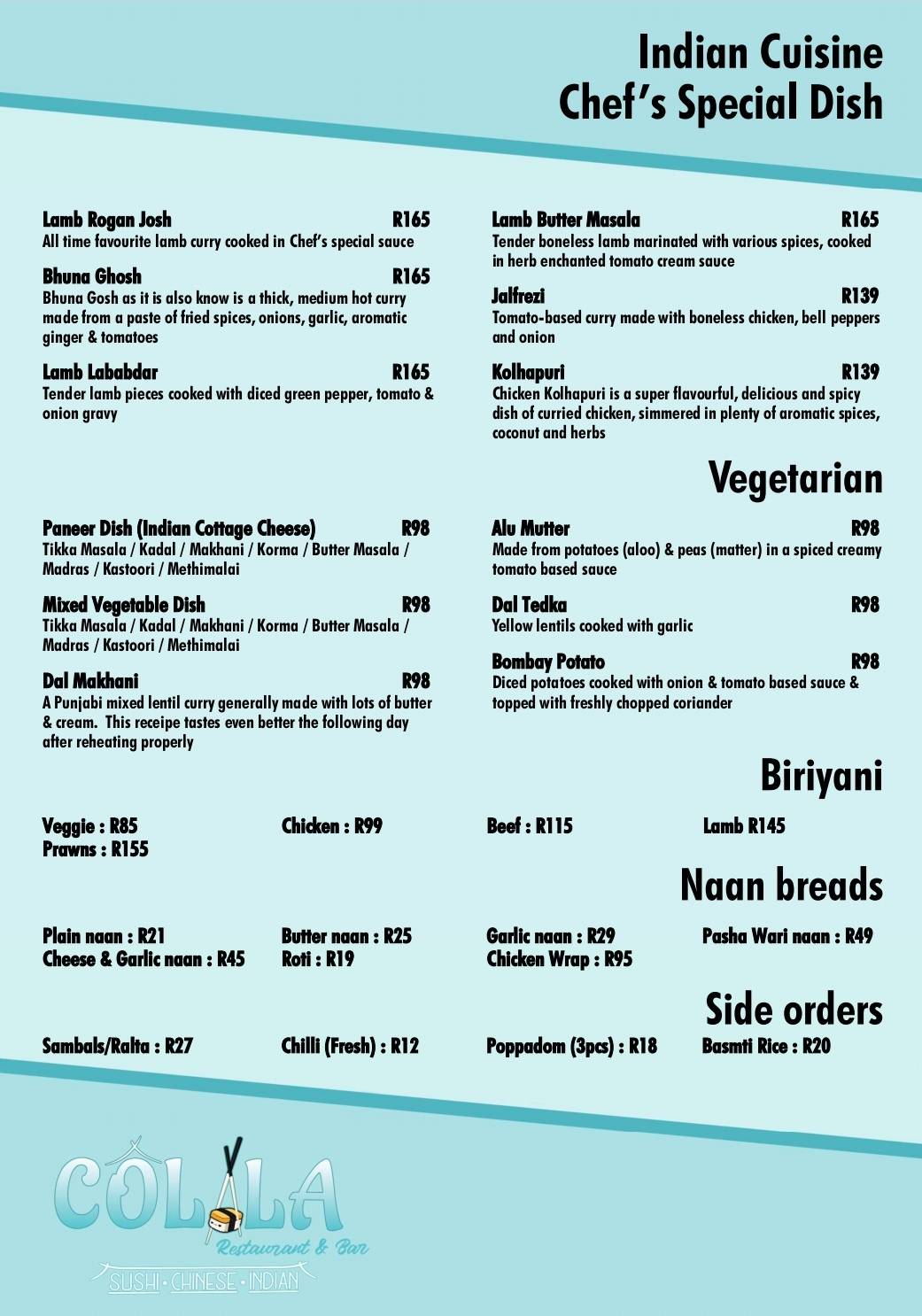 Menu at Colala restaurant & bar, Cape Town