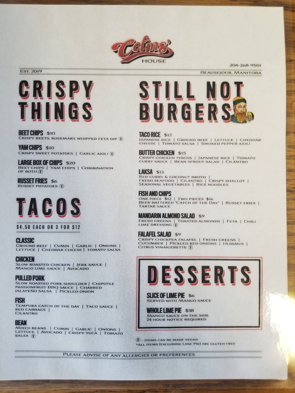 Menu at Colins' House restaurant, Beausejour
