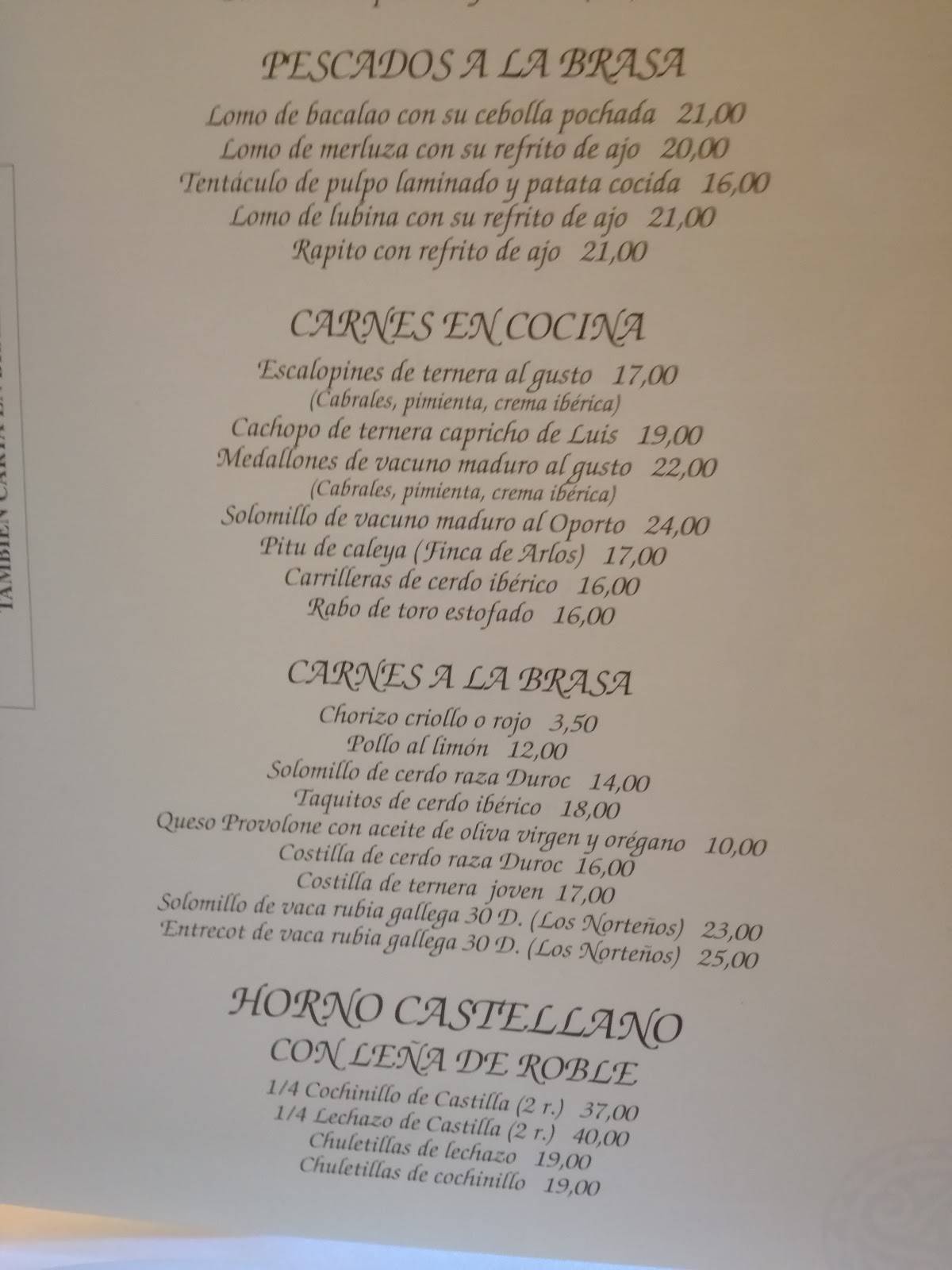 Carta del restaurante El Llagar del Titi, Colloto
