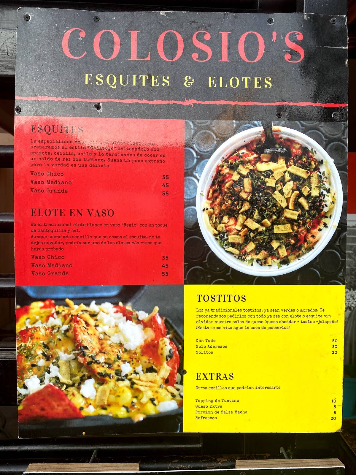 Carta del restaurante Colosio's Esquites & Elotes, Monterrey, Antares 109