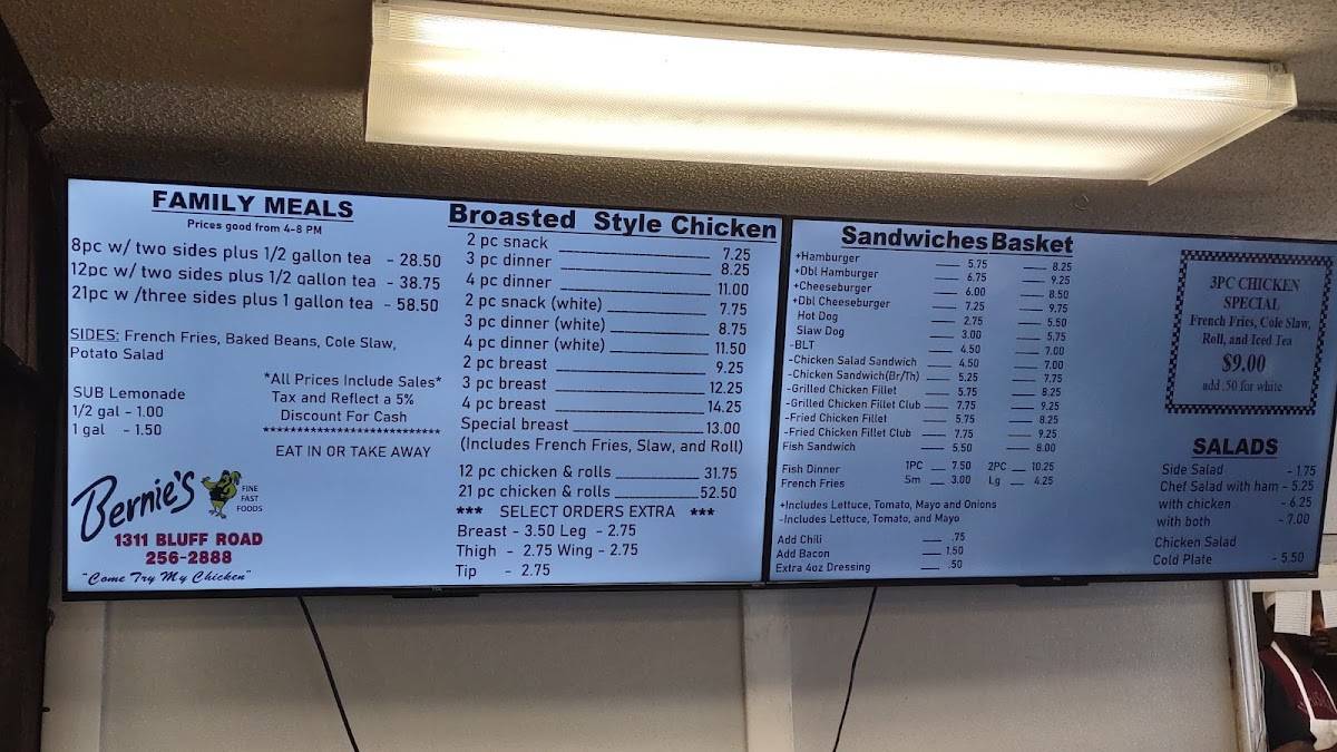Menu at Bernie's Chicken restaurant, Columbia