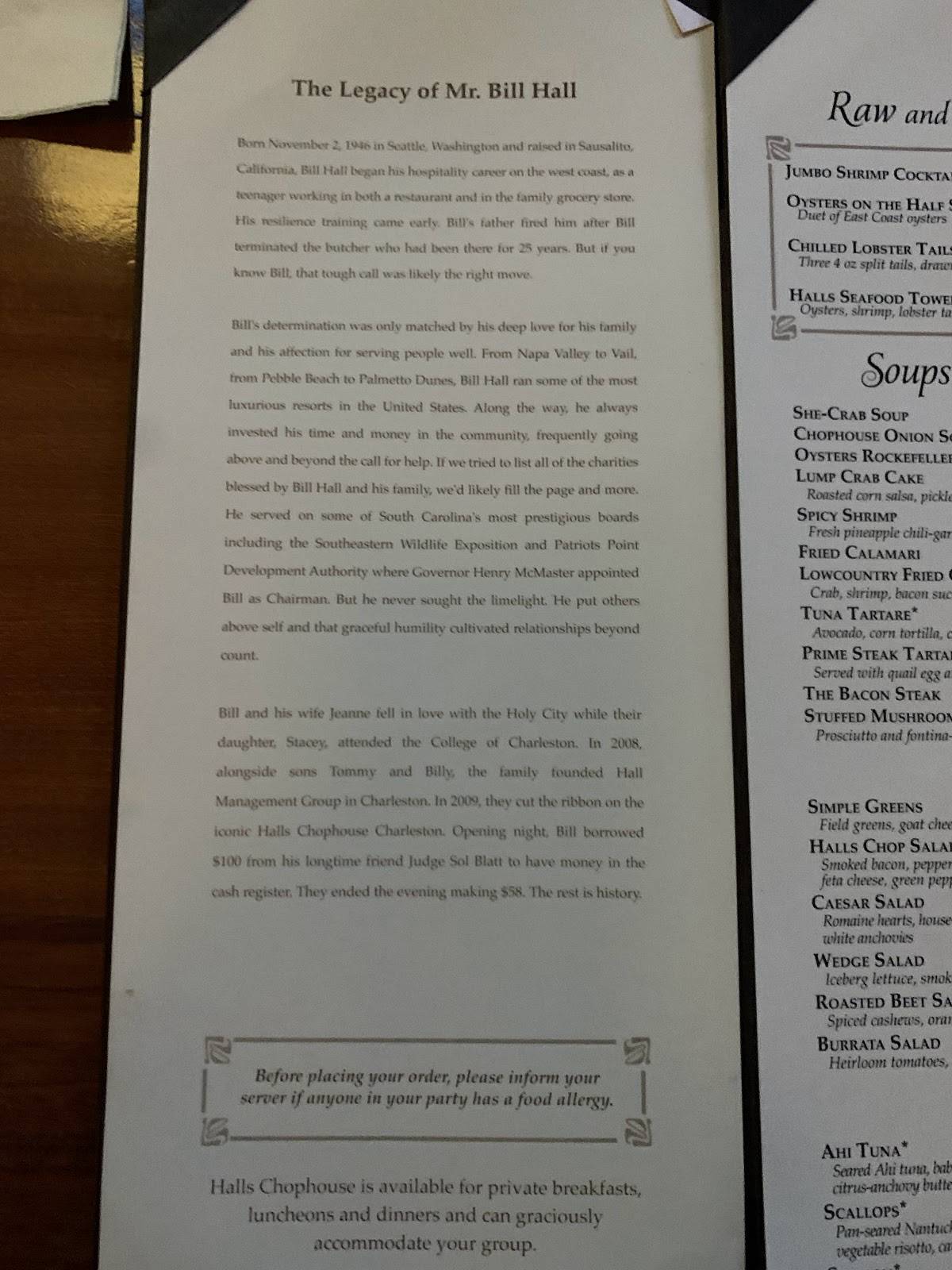 Menu at Halls Chophouse Columbia steakhouse, Columbia