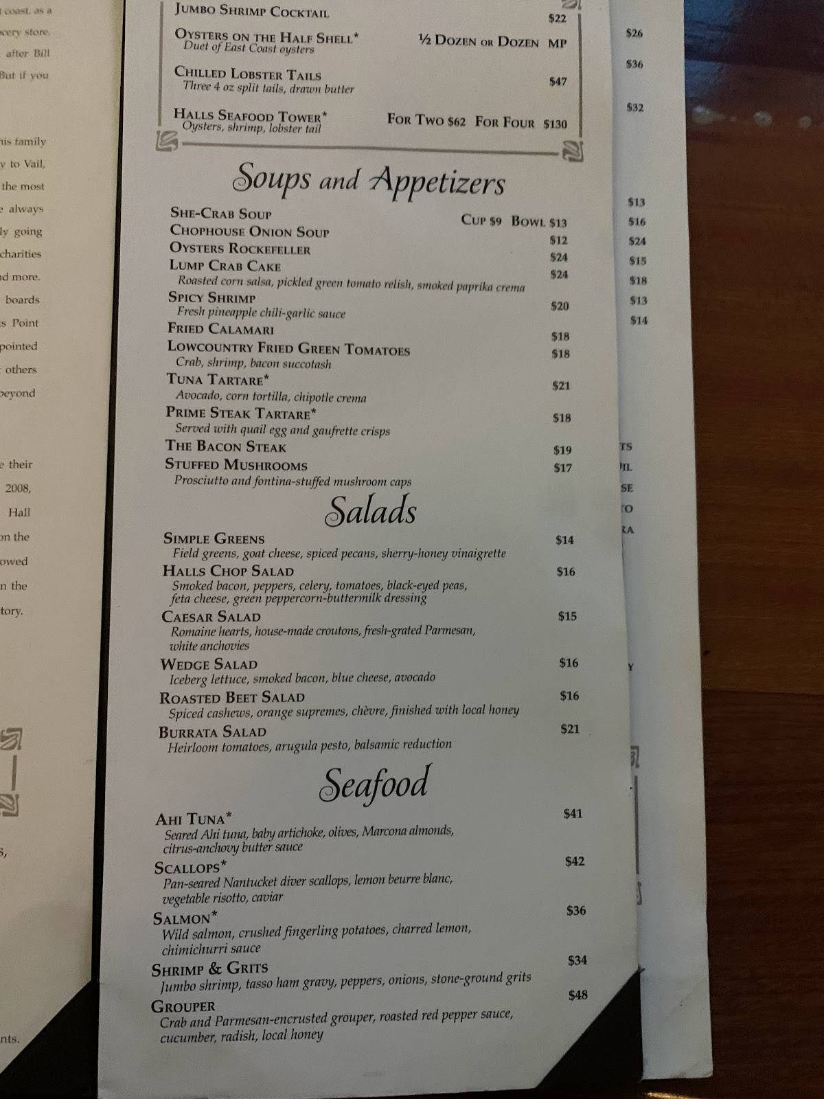 Menu at Halls Chophouse Columbia steakhouse, Columbia
