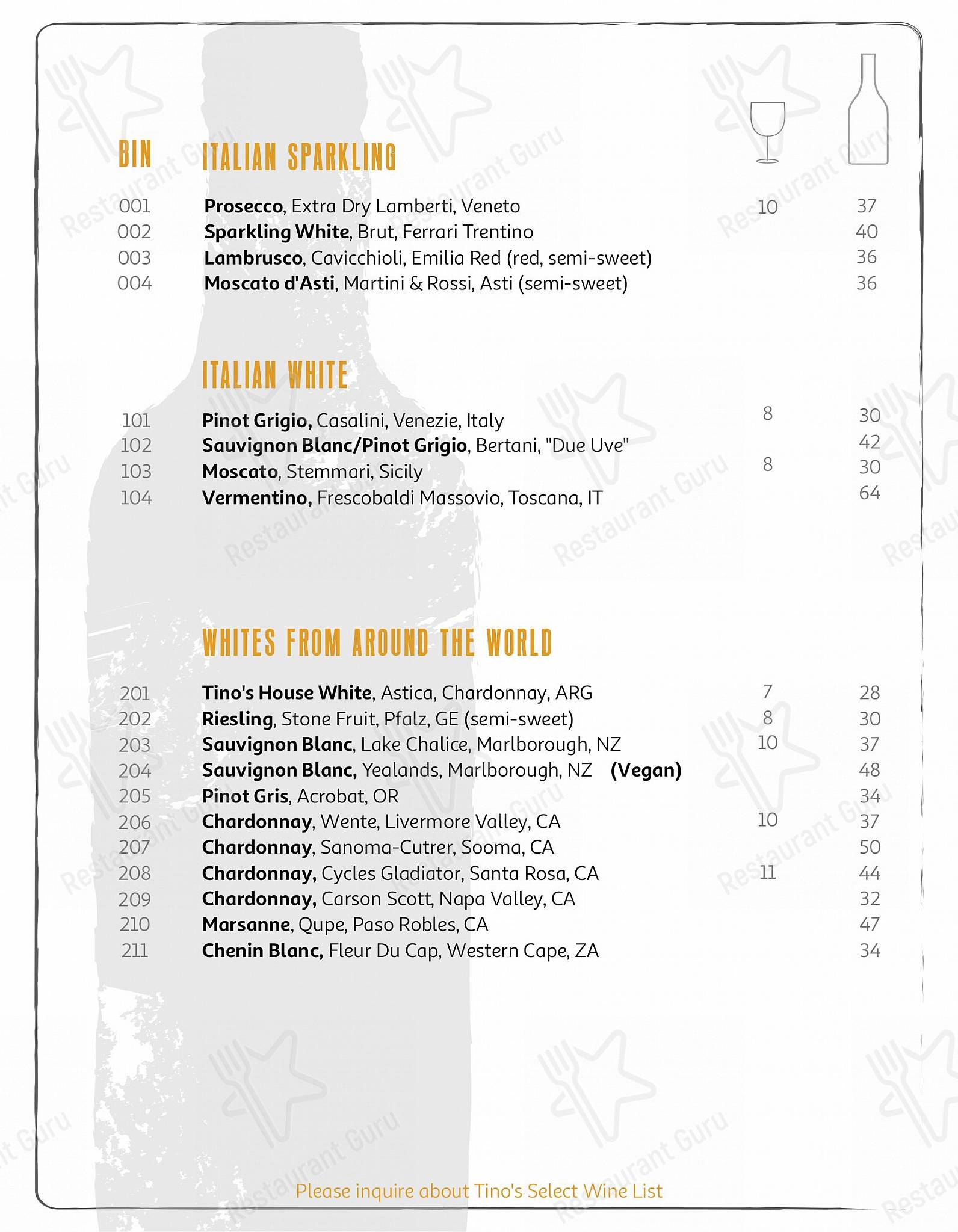 Menu at Tino's Italian Bistro & Wine Bar, Columbia