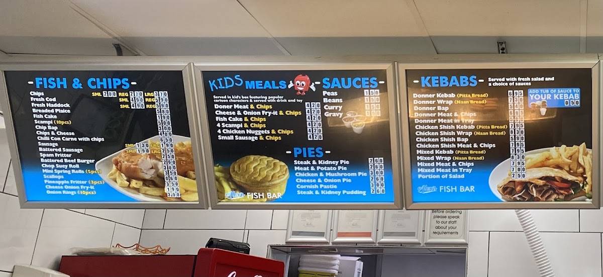 Menu at Alex's Fish Bar, Colwyn Bay