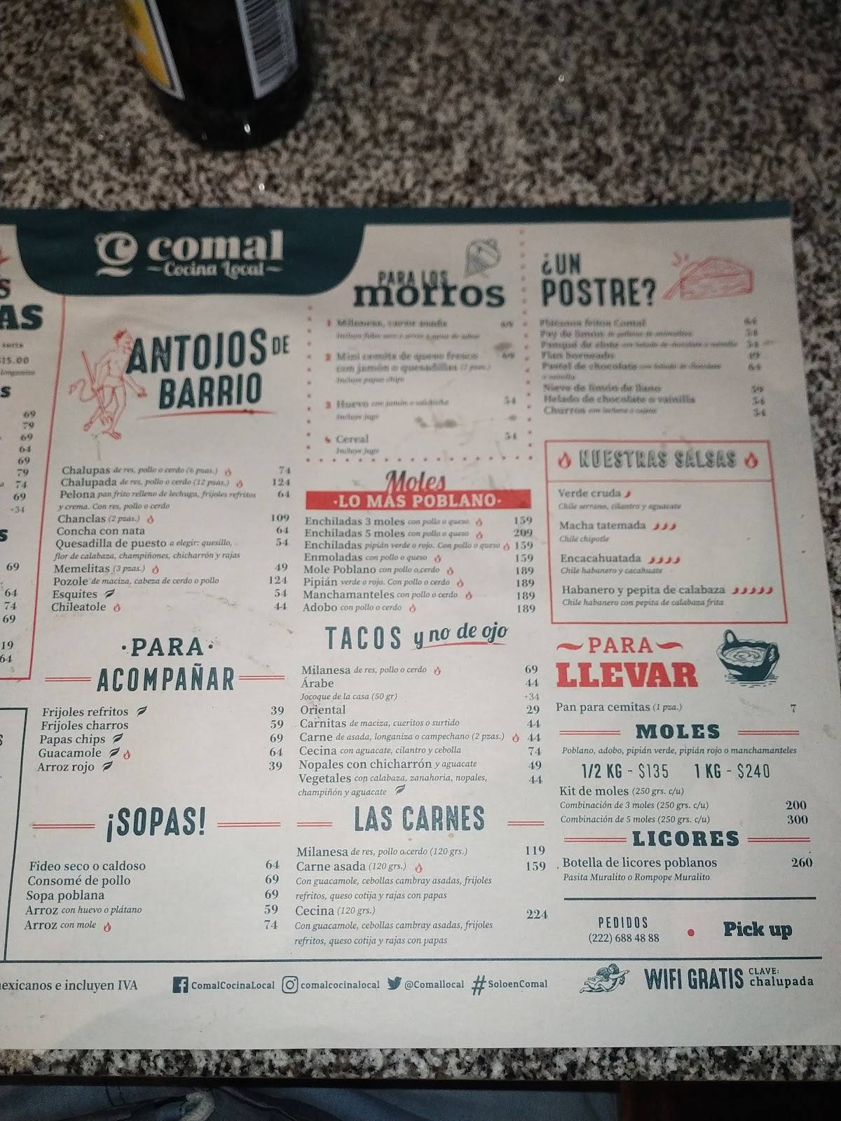 Carta del restaurante Comal, Heroica Puebla del Zaragoza
