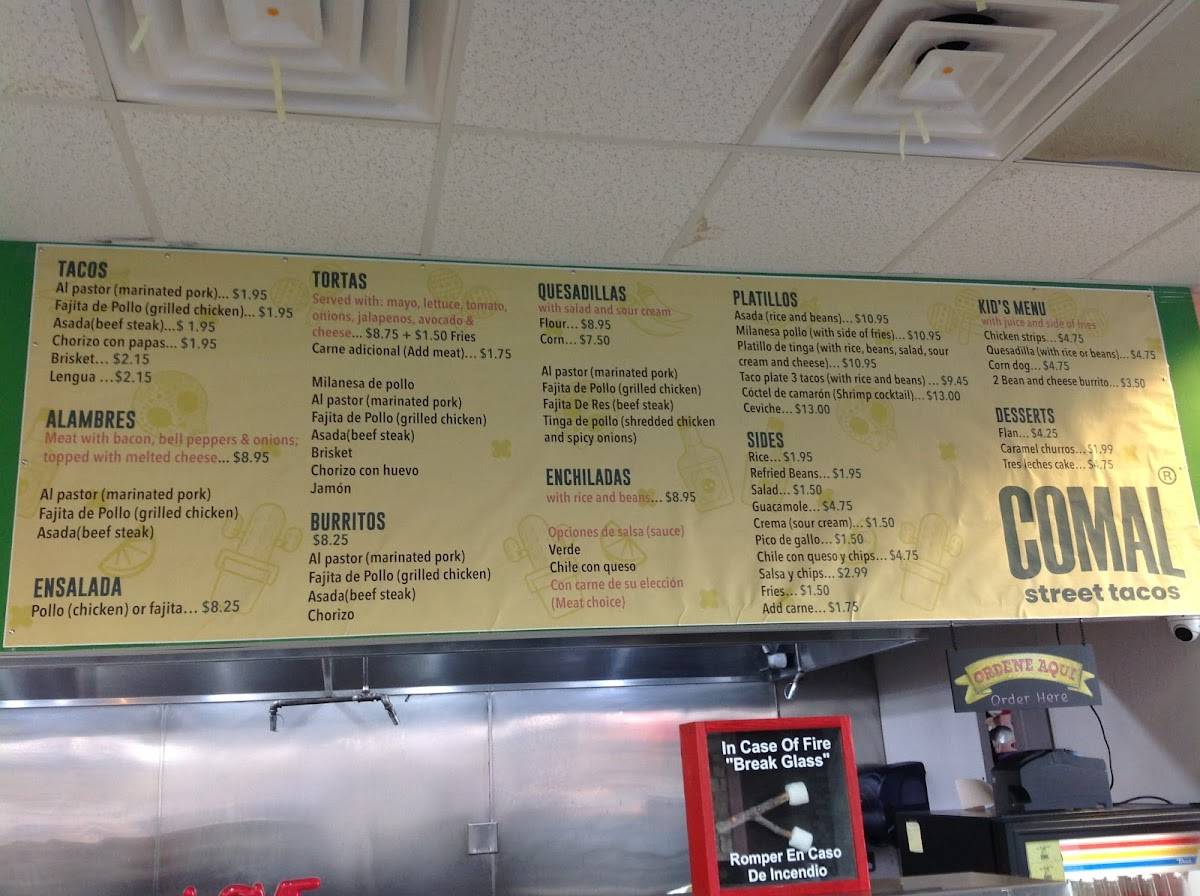 Menu at Comal Street Tacos restaurant, Hurst