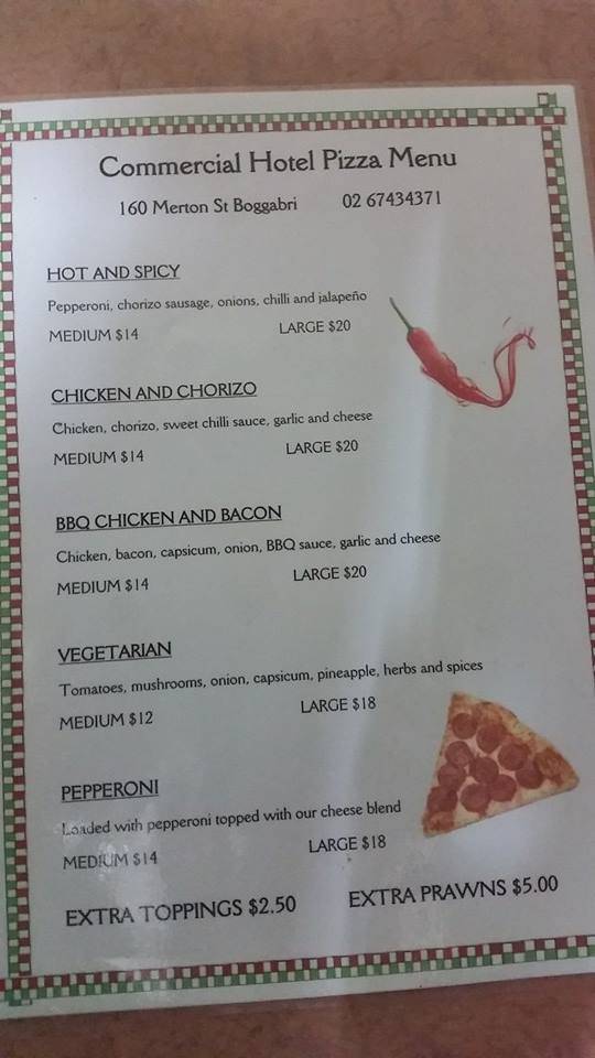 Menu at Commercial Hotel Boggabri pub & bar, Boggabri