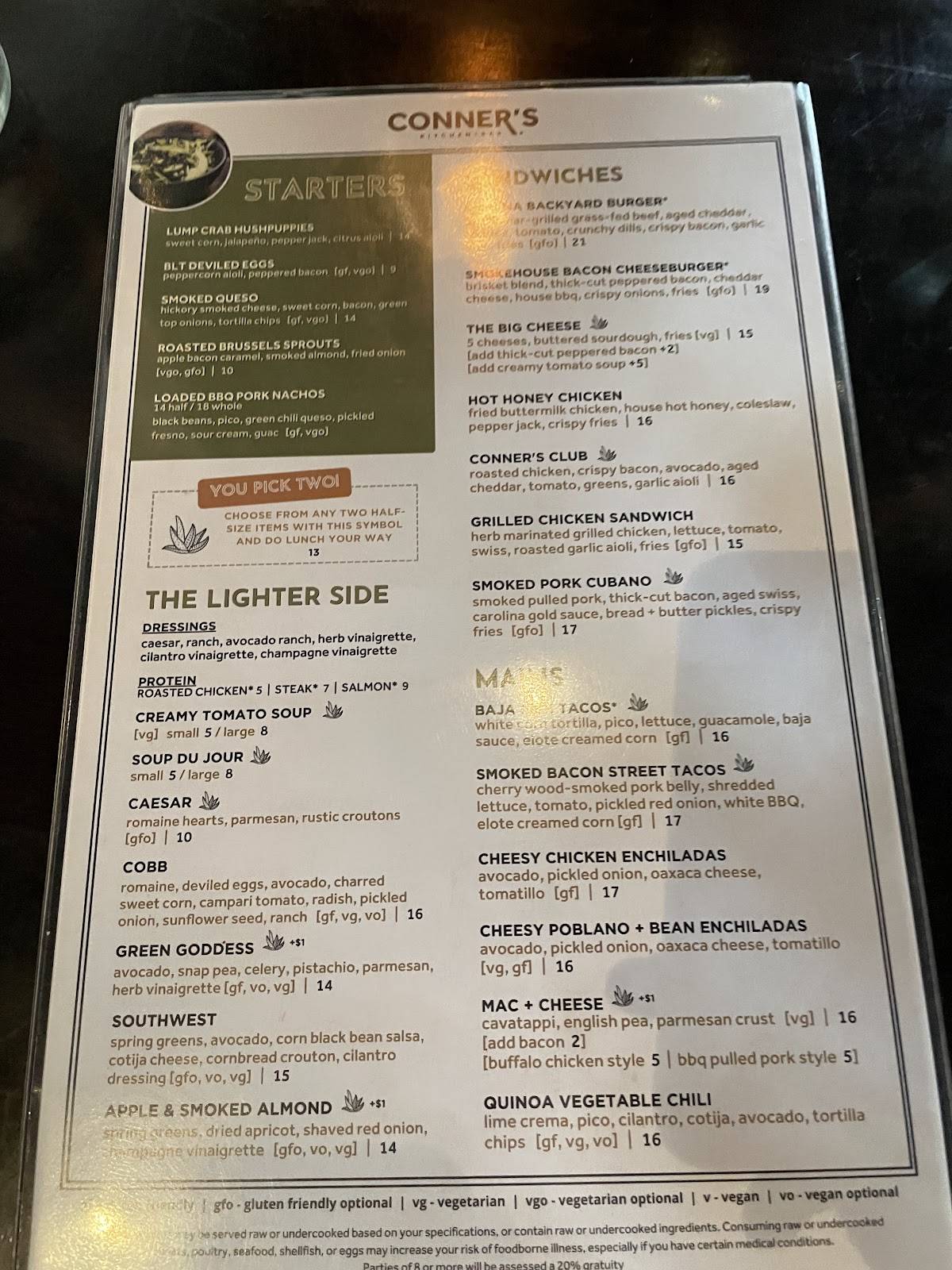 Menu at Conner's Kitchen and Bar, Fort Wayne