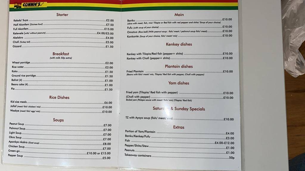 Menu at Connie's Authentic Ghanaian Restaurant, London
