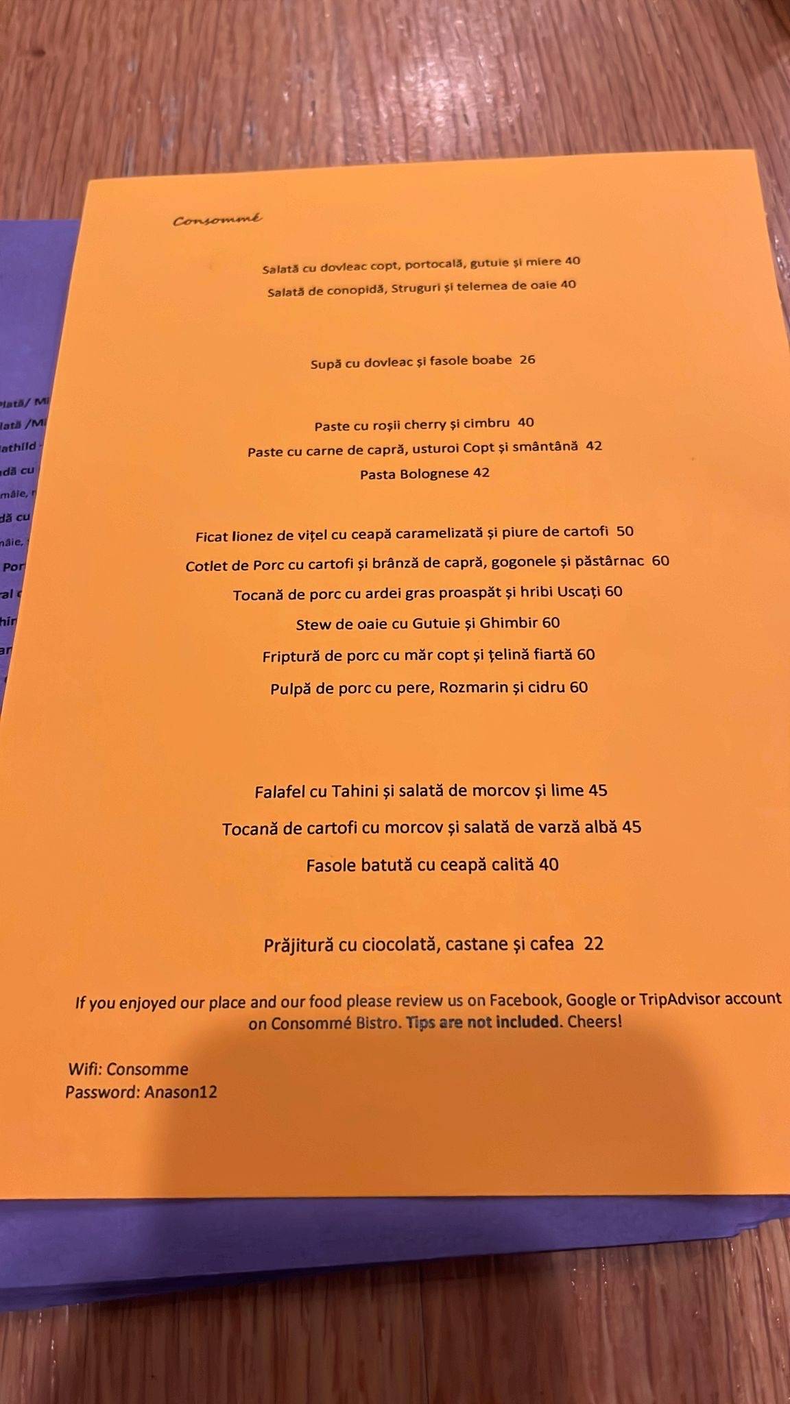 Menu at Consommé, Sibiu