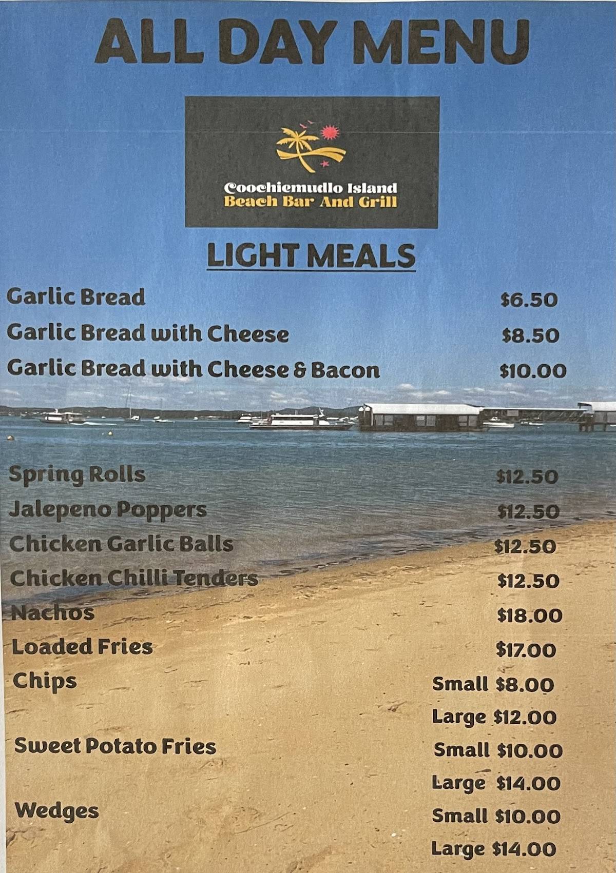 Menu at Coochiemudlo Island Beach Bar And Grill, Coochiemudlo Island