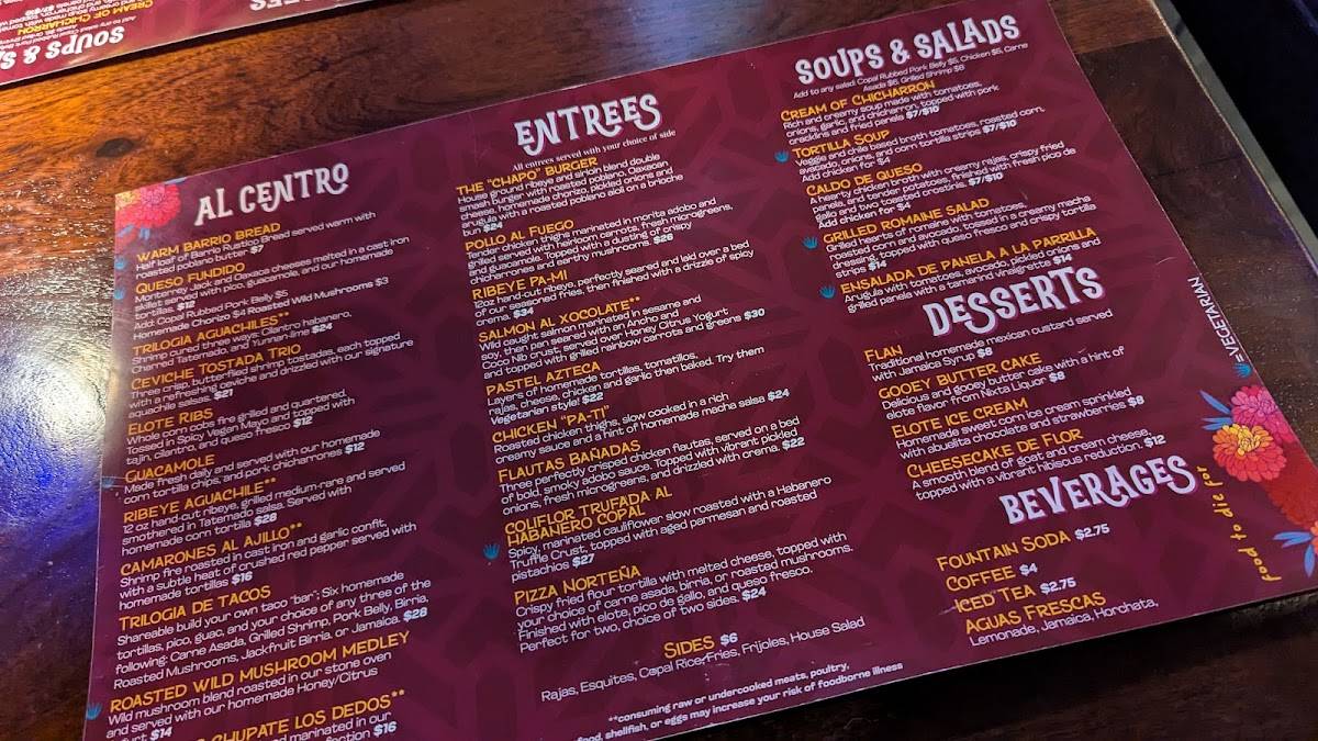 Menu at Copal Contemporary Mexican Cuisine pub & bar, Tucson
