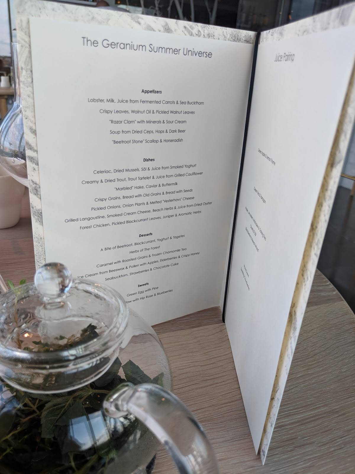 Menu at Geranium restaurant, Copenhagen