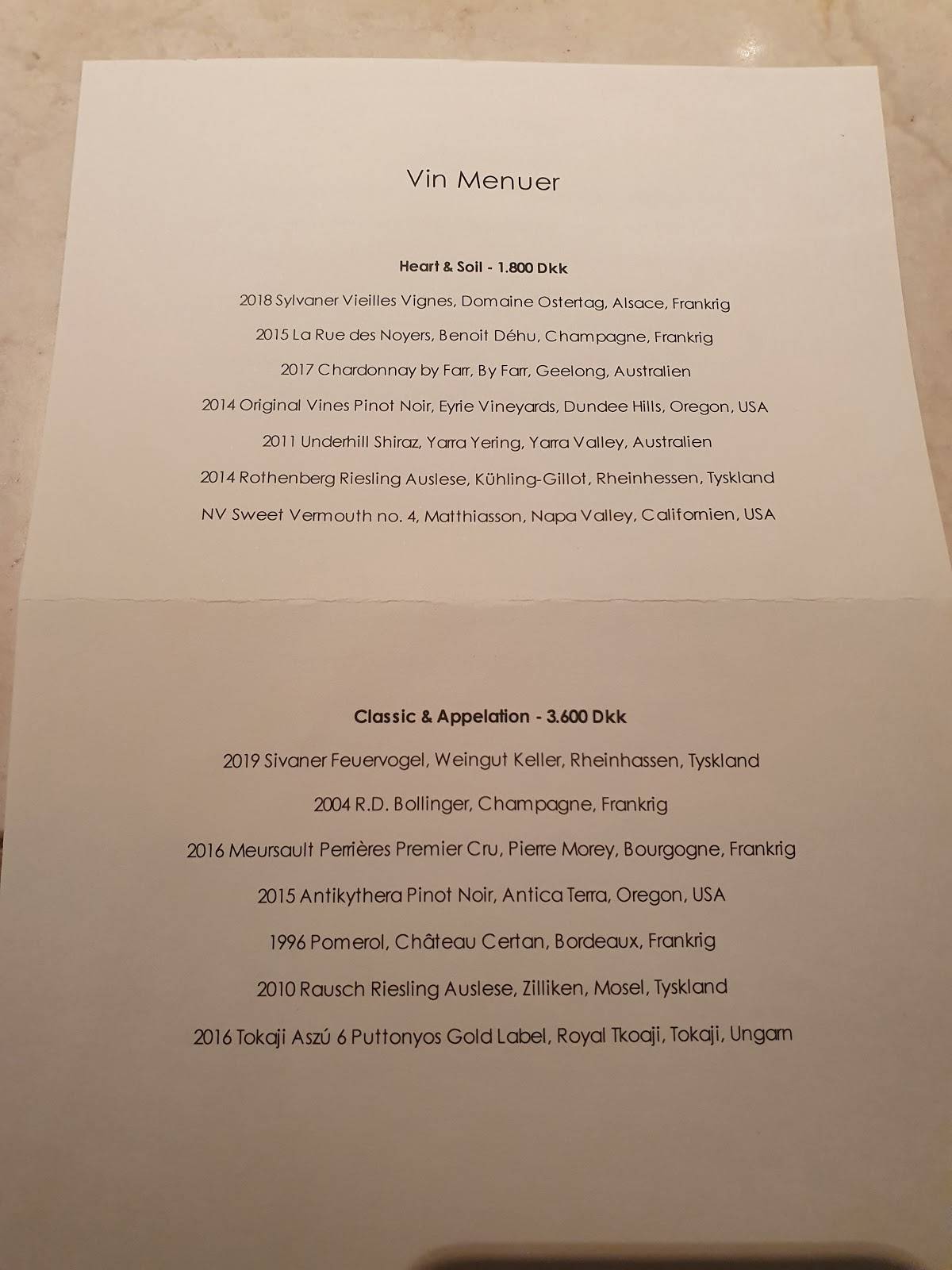 Menu at Geranium restaurant, Copenhagen
