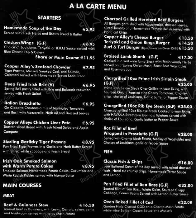 Menu at Copper Alley Bistro restaurant, Dublin