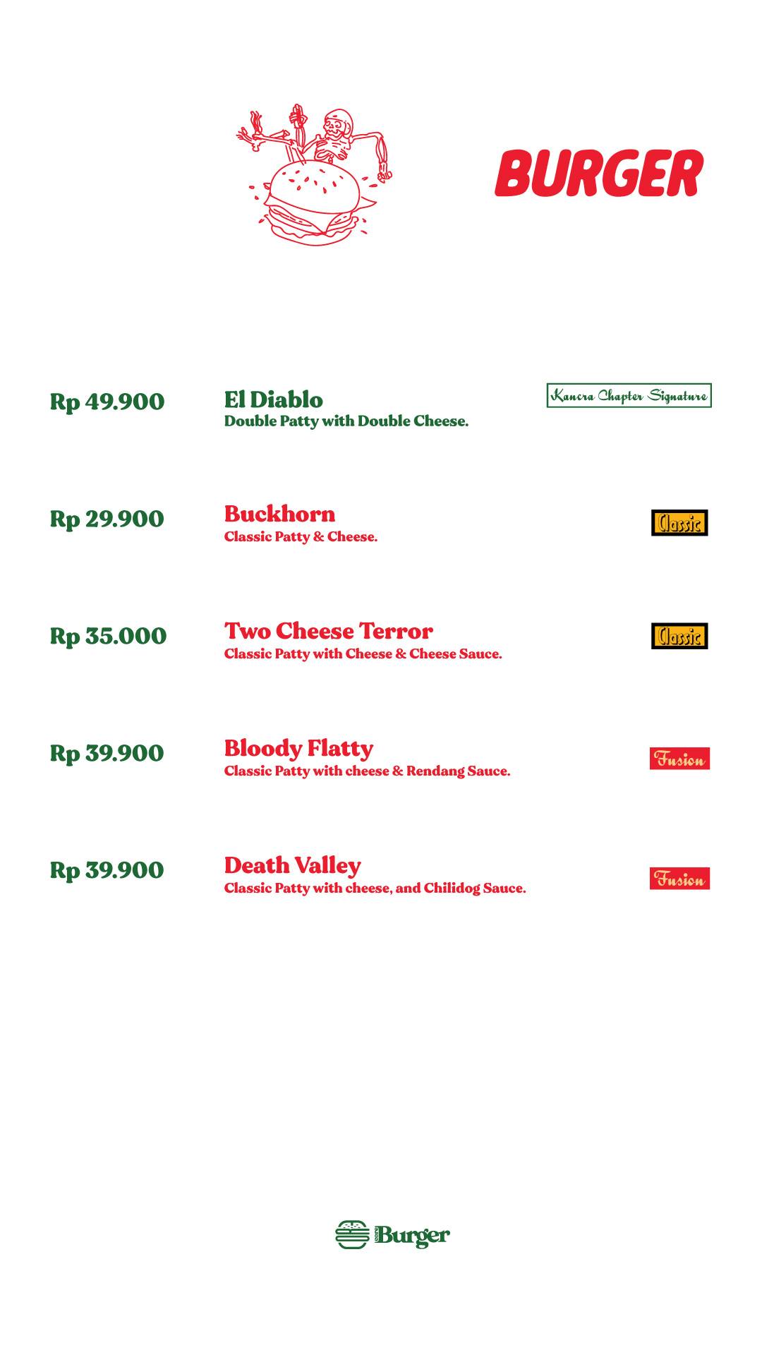 Menu at Core Burger restaurant, Bandung, Jl. Kancra No.1A