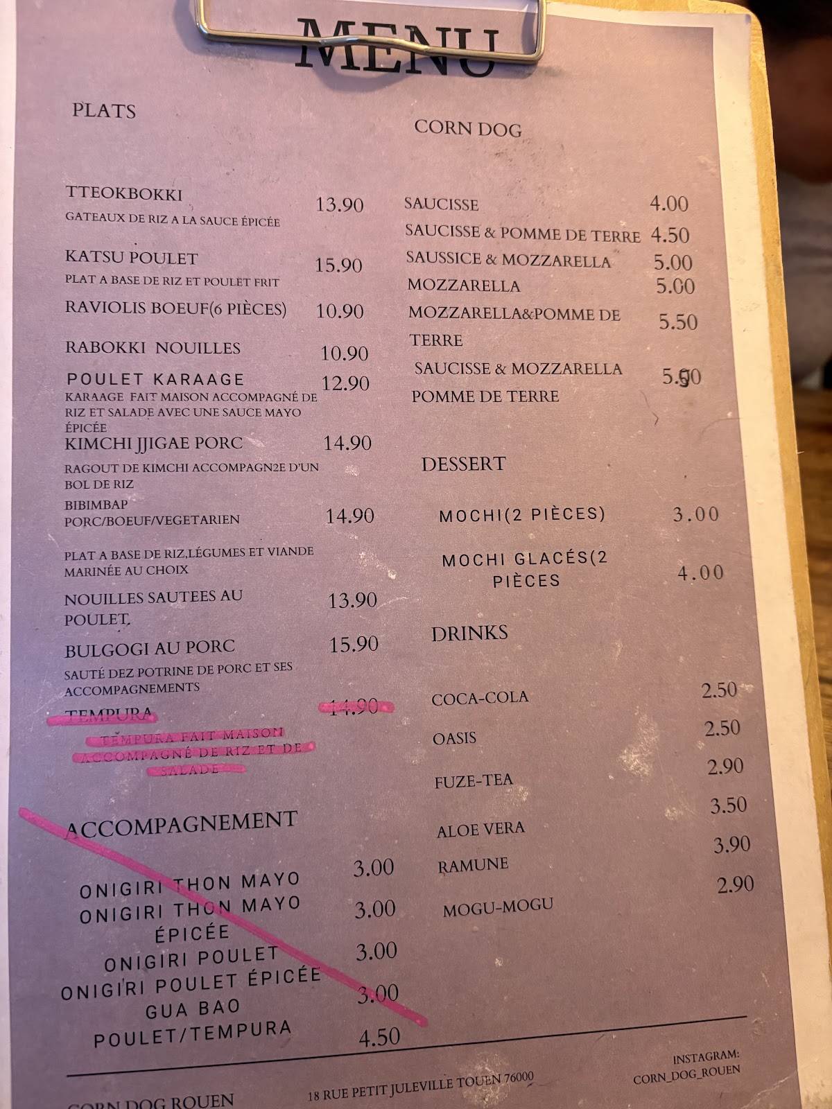 Menu au Corn Dog restaurant, Rouen