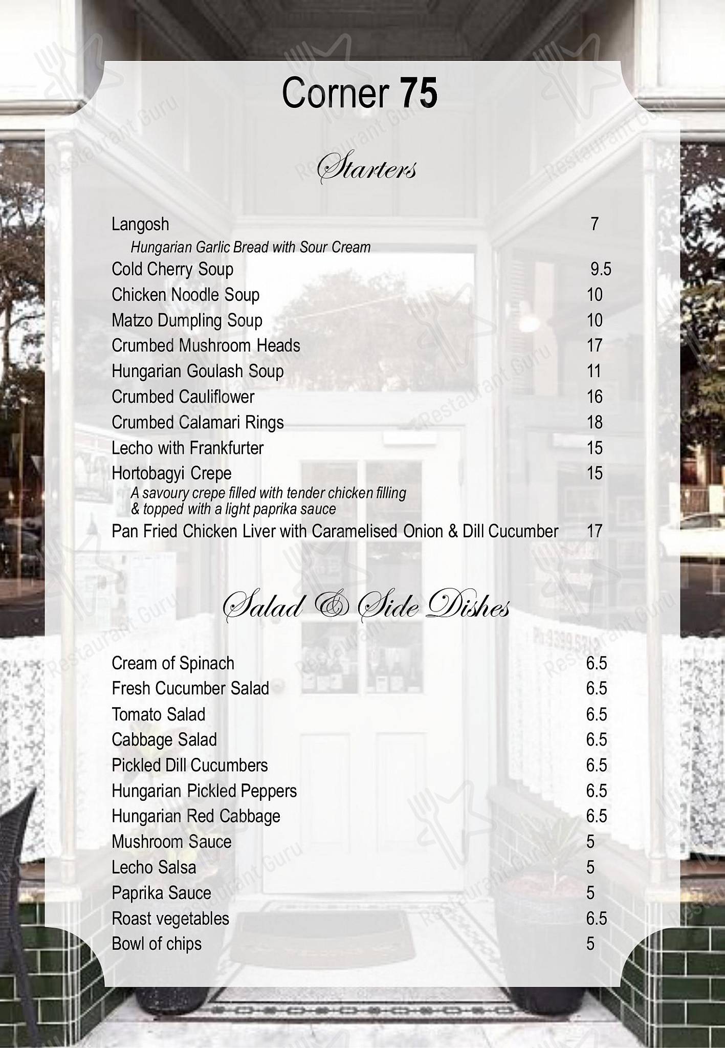 Menu at Corner 75 Hungarian Restaurant, Randwick