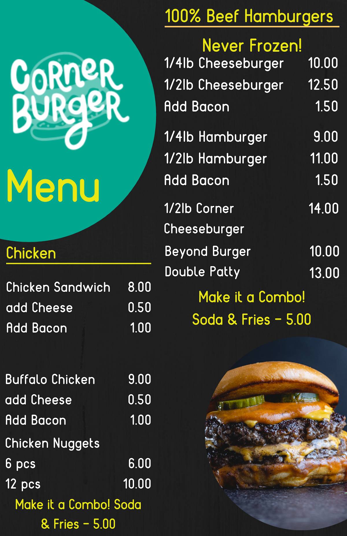 Carta del restaurante Corner Burger, Orlando