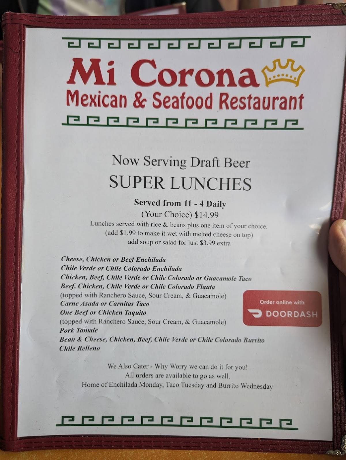 Menu at Coronas Mexican Restaurant, Arroyo Grande