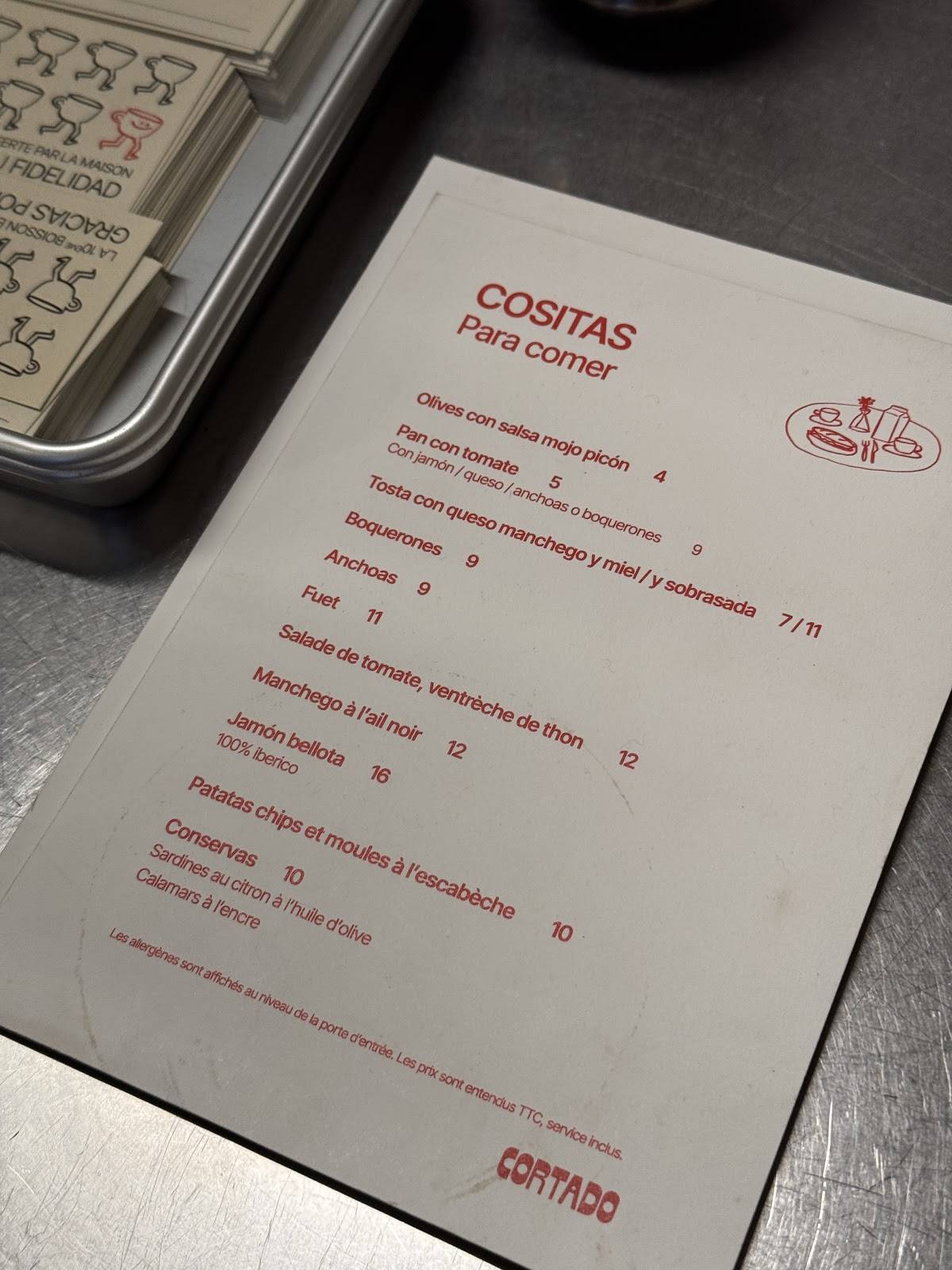 Menu at Cortado restaurant, Paris