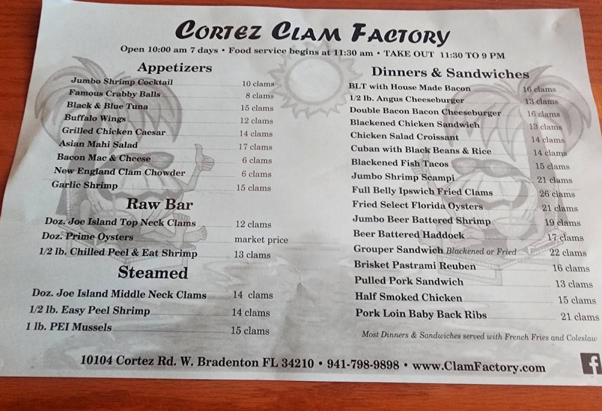 Menu at Cortez Clam Factory pub & bar, Bradenton