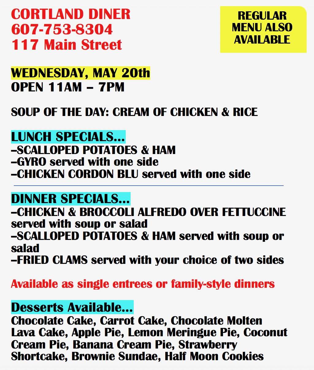 Menu at Cortland Diner restaurant, Cortland, 117 Main St