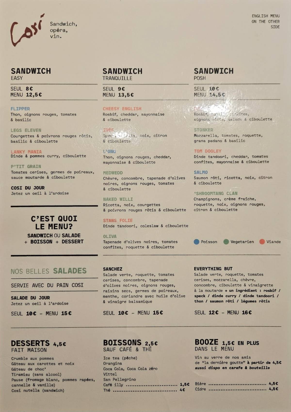 Menu at Cosi restaurant, Paris, 54 Rue de Seine