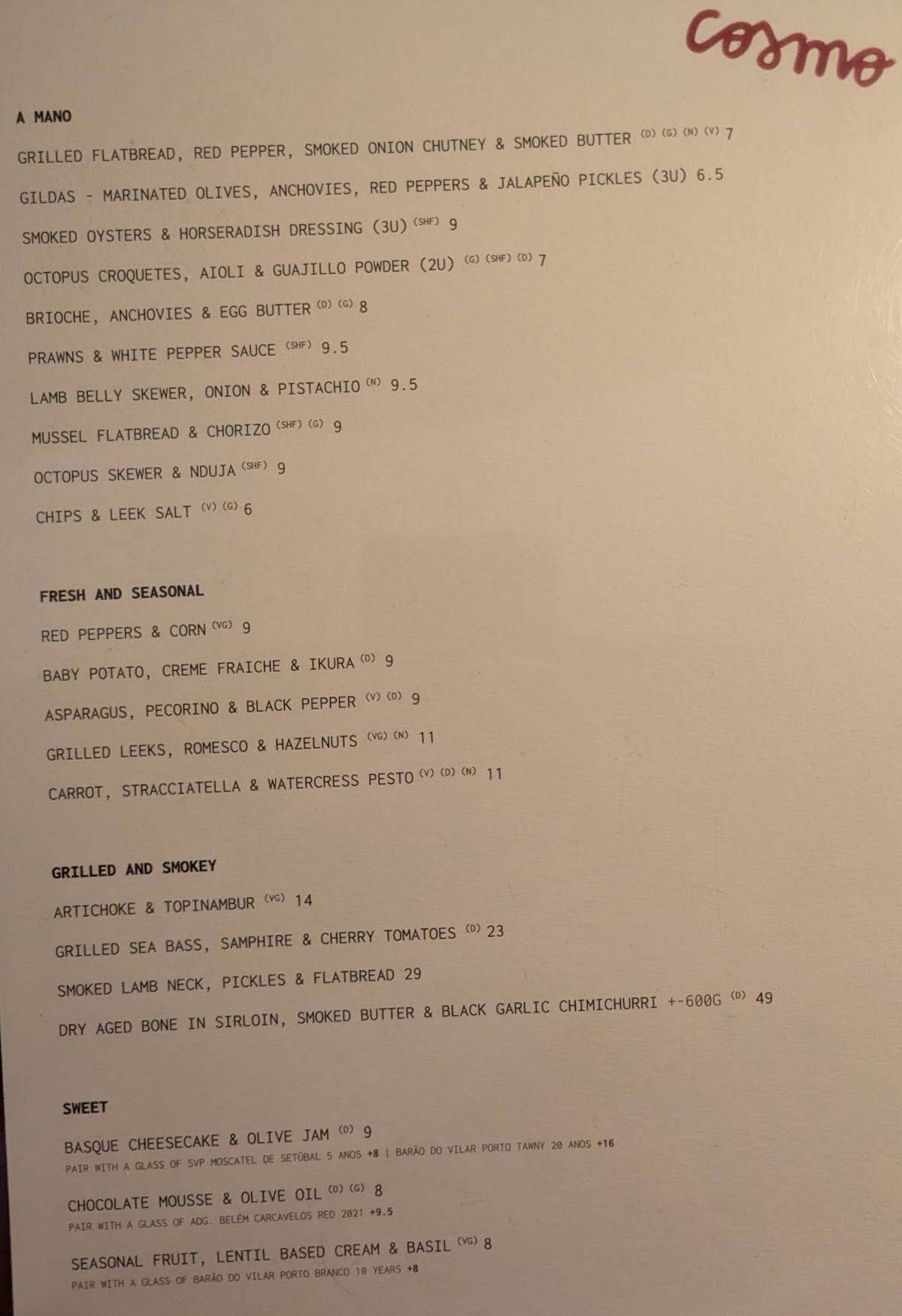 Carta del restaurante Cosmo, Lisboa