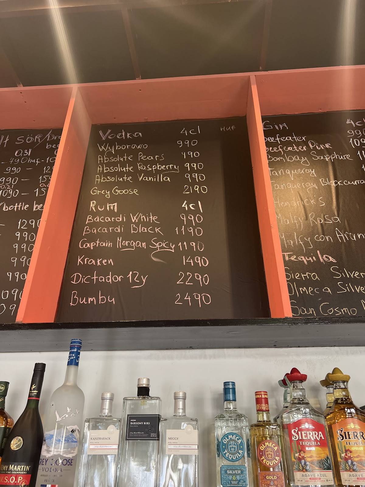 Menu at Cosmo bar, Budapest