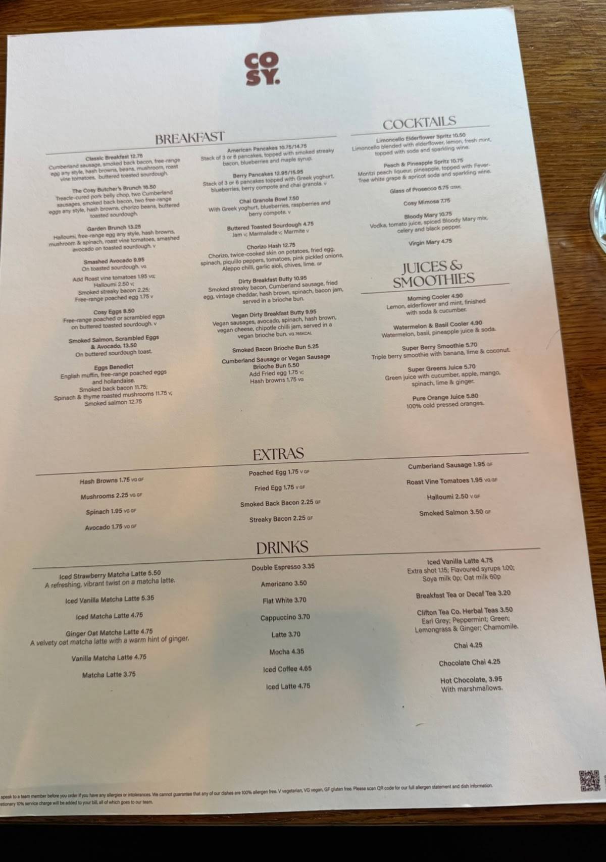 Menu at Cosy Club, Cardiff, St David's Dewi Sant
