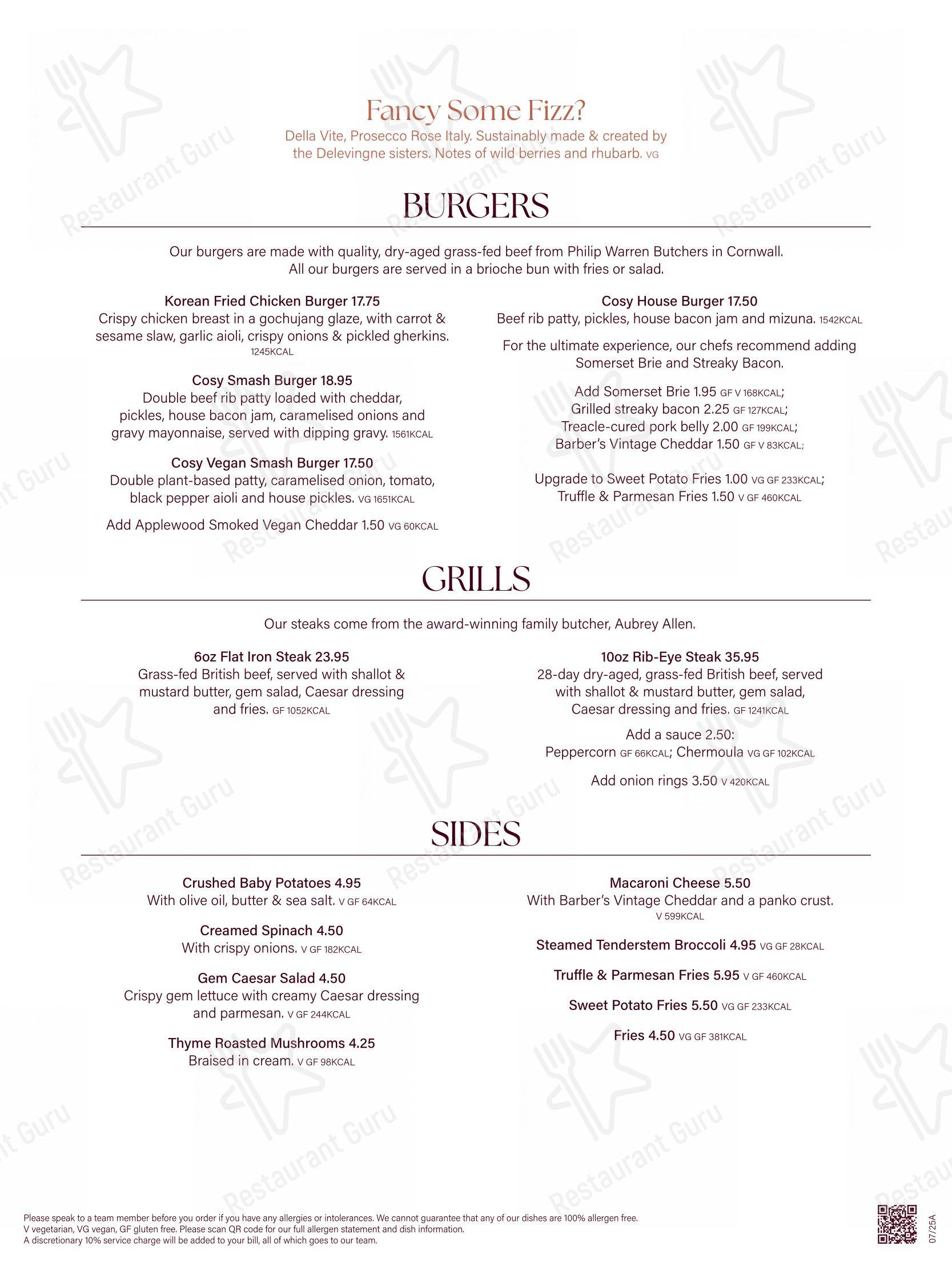 Menu at Cosy Club, Salisbury, 49 New St