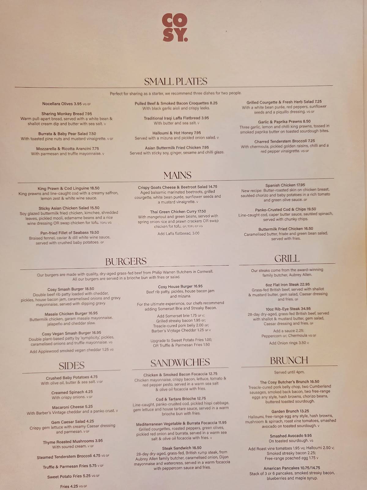 Menu at Cosy Club, Salisbury, 49 New St