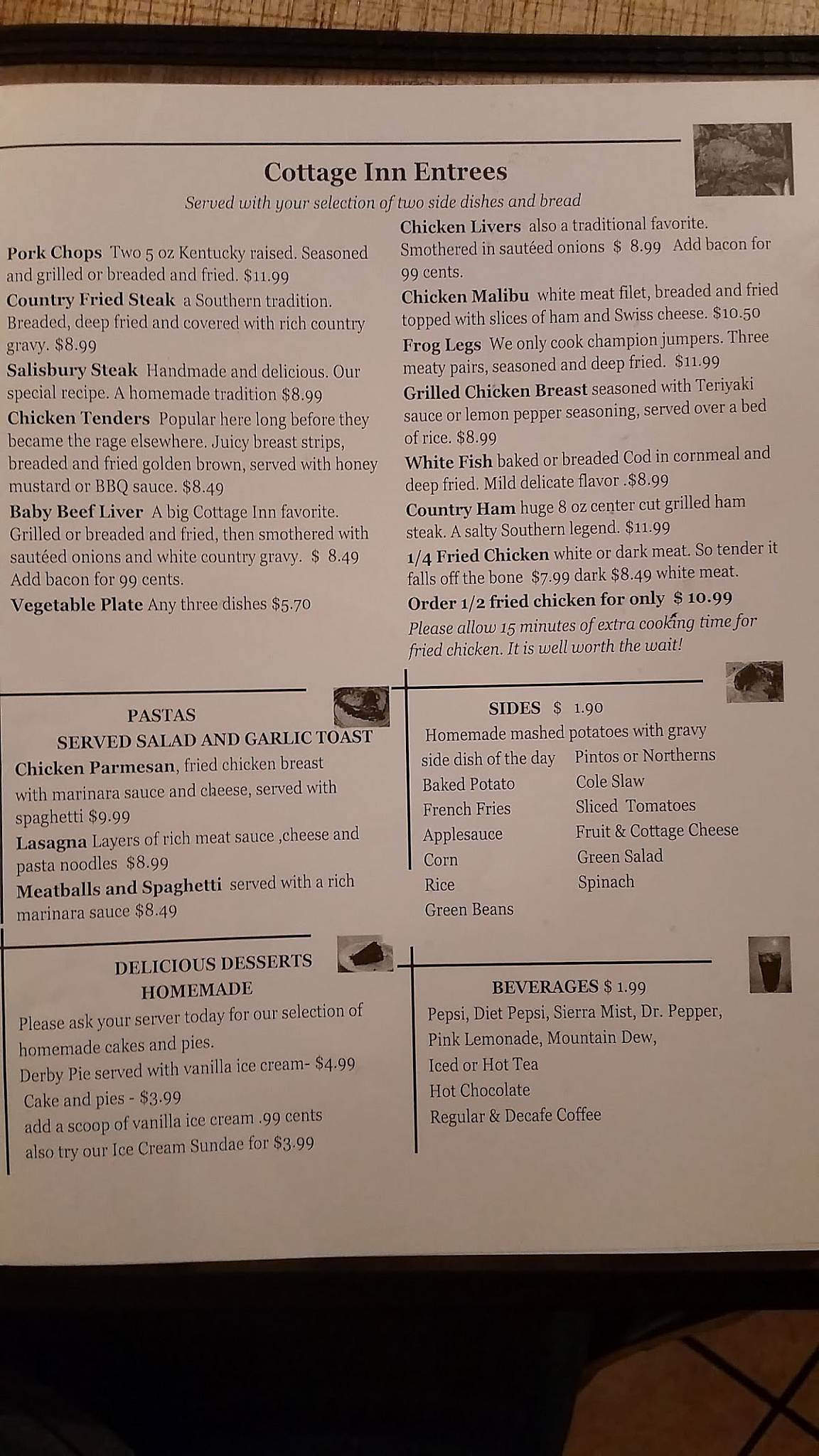 Menu at Cottage Inn restaurant, Louisville, 570 Eastern Pkwy