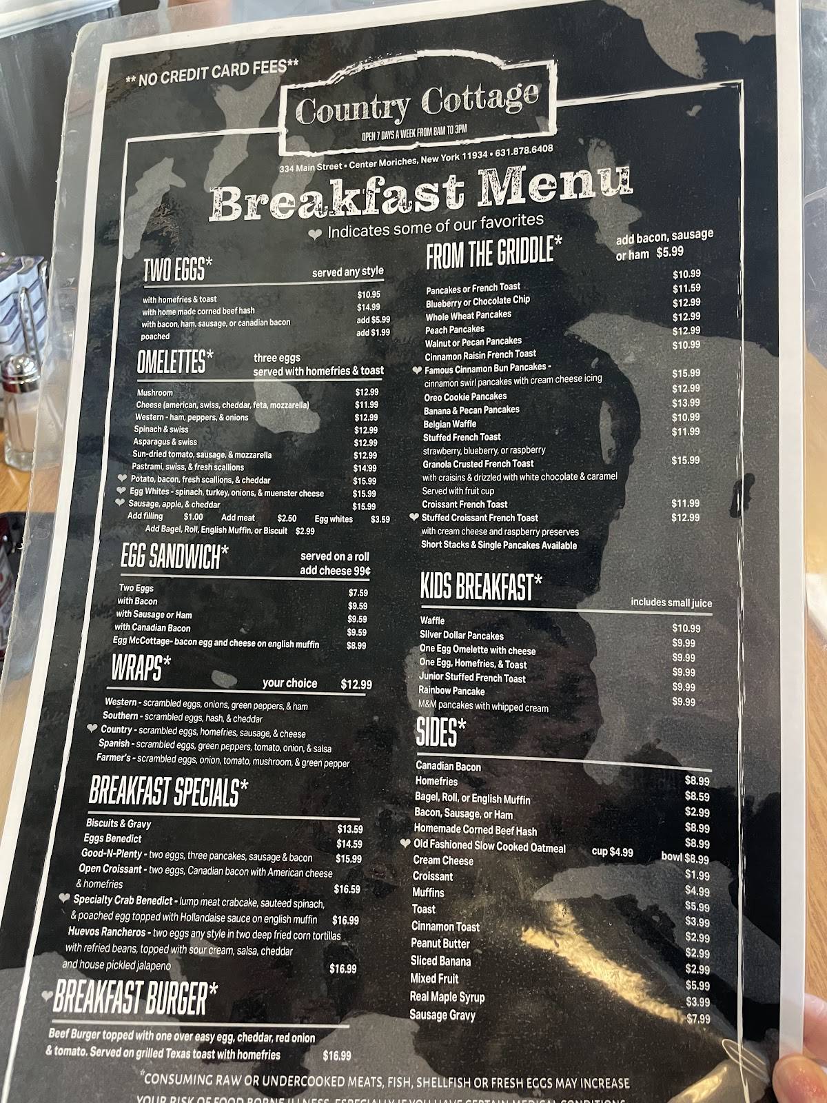 Menu at Country Cottage Diner cafe, Center Moriches