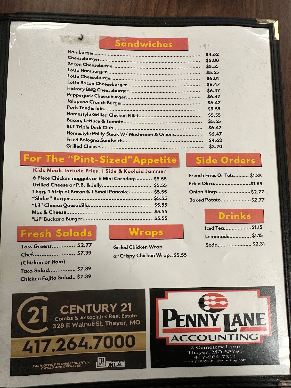 Menu at Country Cottage restaurant, Thayer