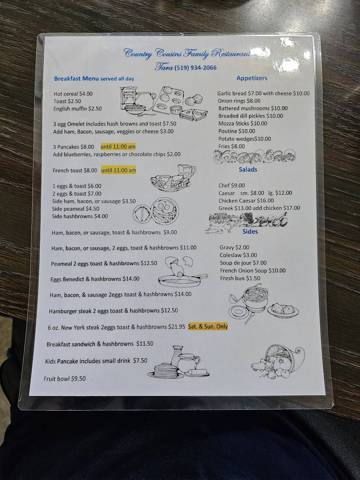 Menu at Country Cousins restaurant, Tara