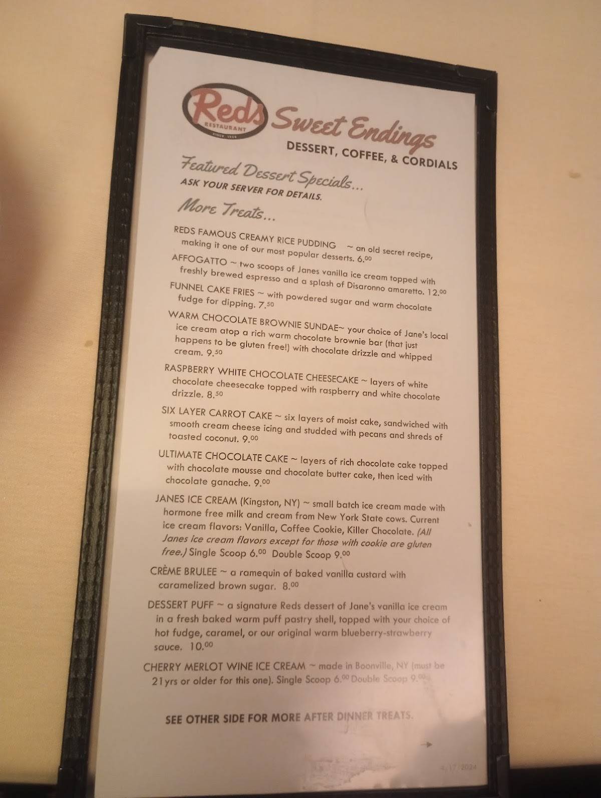 Menu at Reds Restaurant, Coxsackie