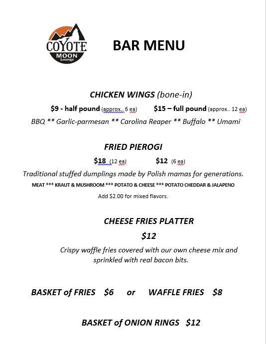 Menu at Coyote Moon Lounge pub & bar, Pagosa Springs