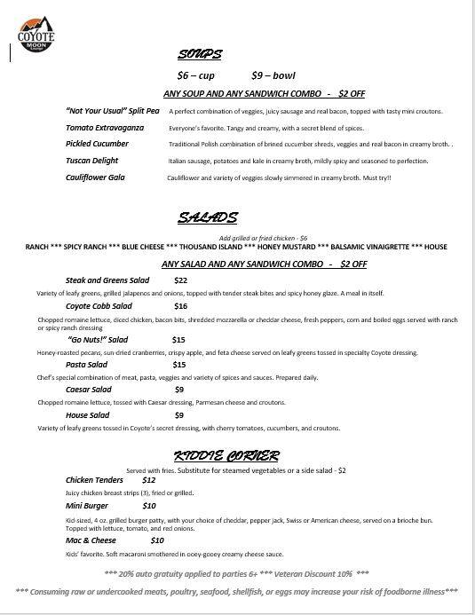 Menu at Coyote Moon Lounge pub & bar, Pagosa Springs
