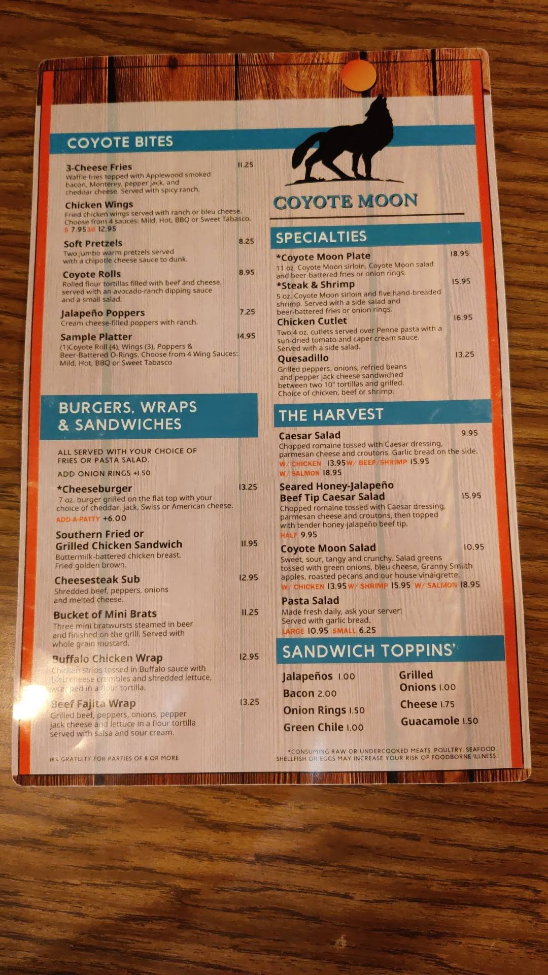 Menu at Coyote Moon Lounge pub & bar, Pagosa Springs
