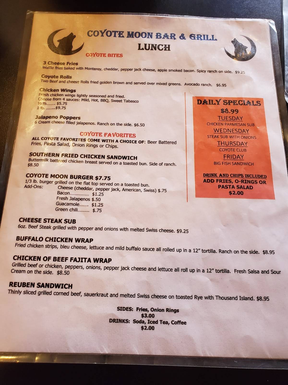 Menu at Coyote Moon Lounge pub & bar, Pagosa Springs