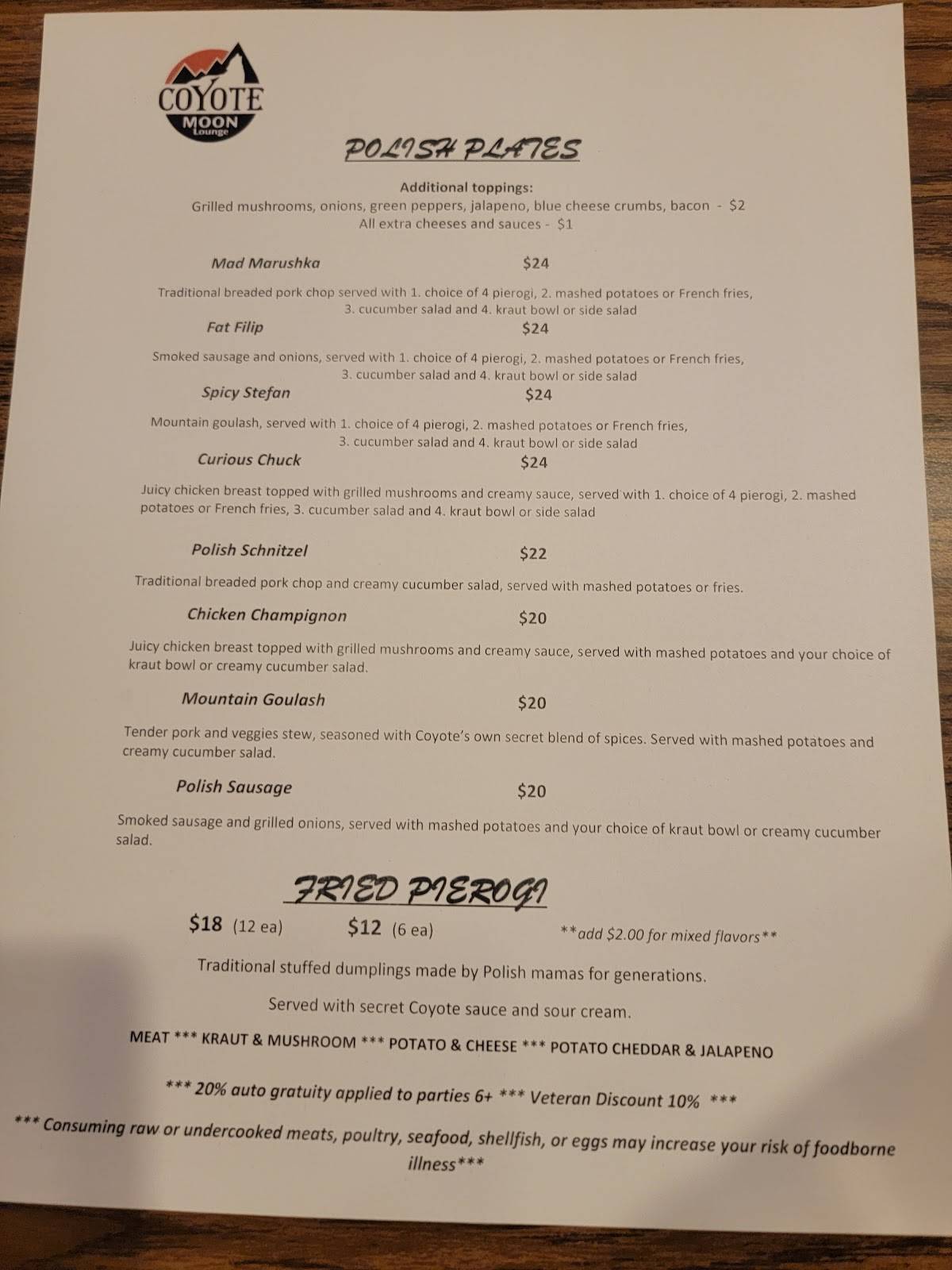 Menu at Coyote Moon Lounge pub & bar, Pagosa Springs