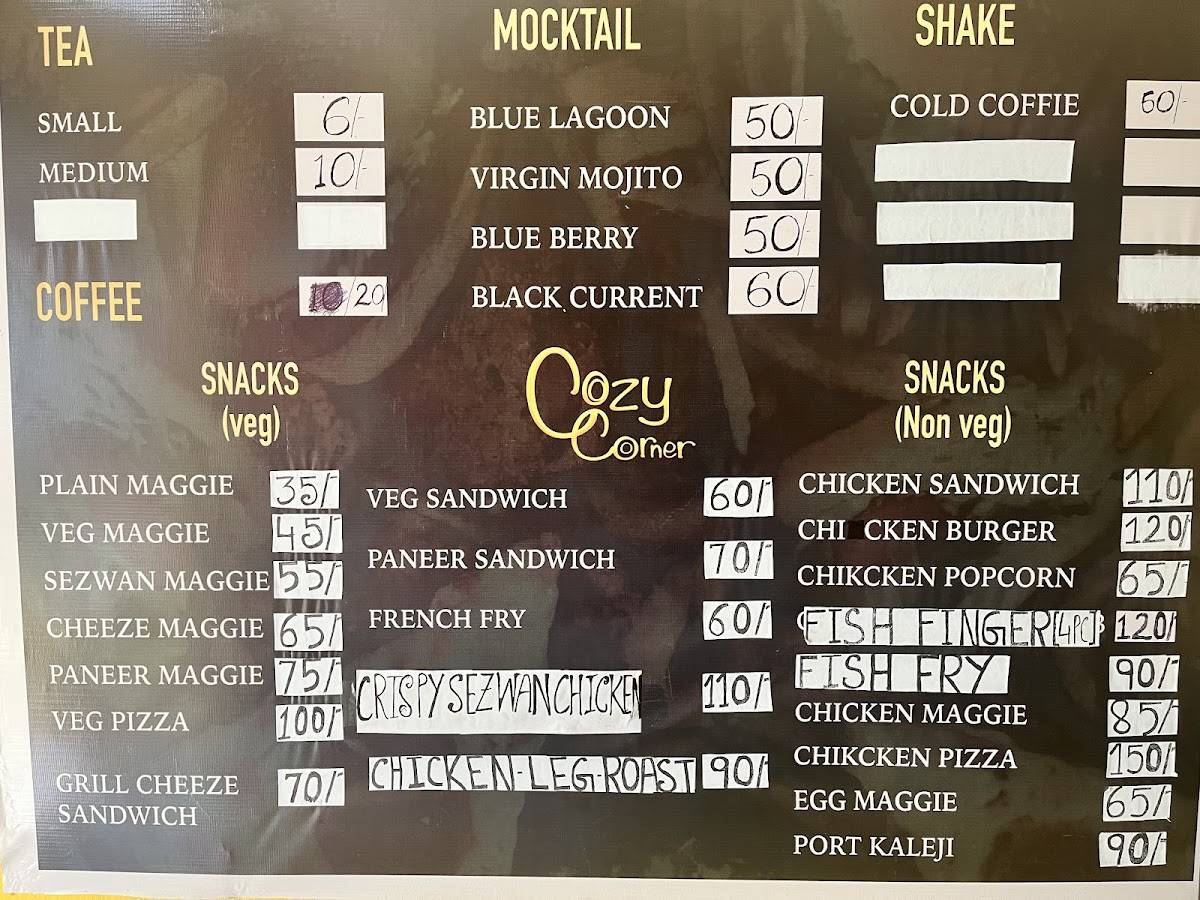 Menu at Cozy Corner, Asansol