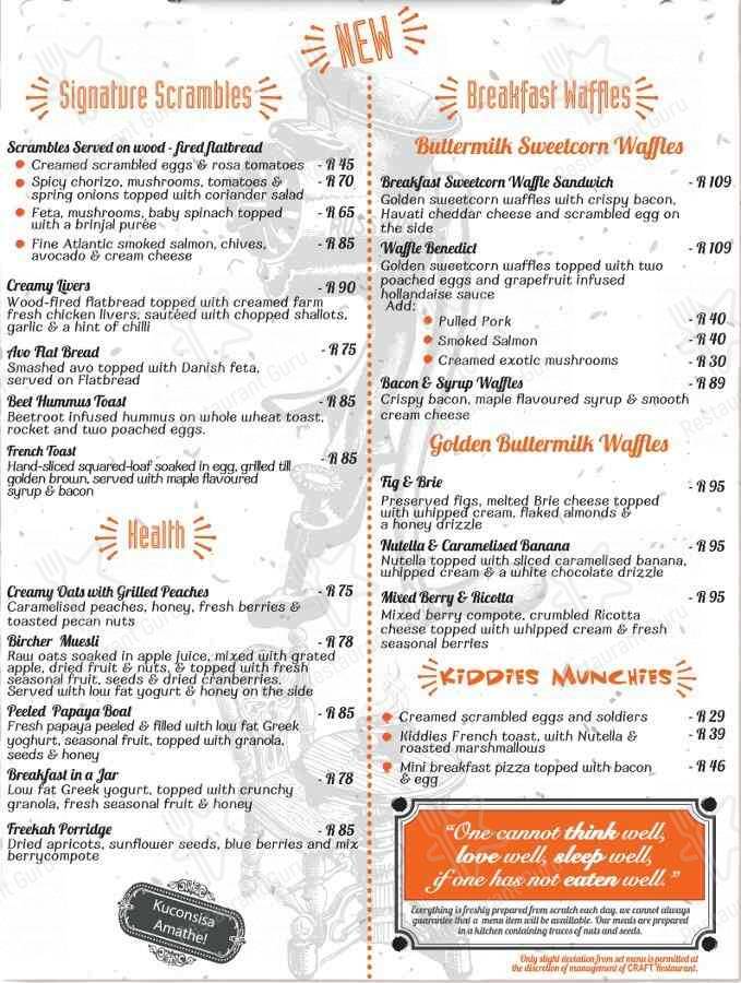 Menu at Craft restaurant, Randburg