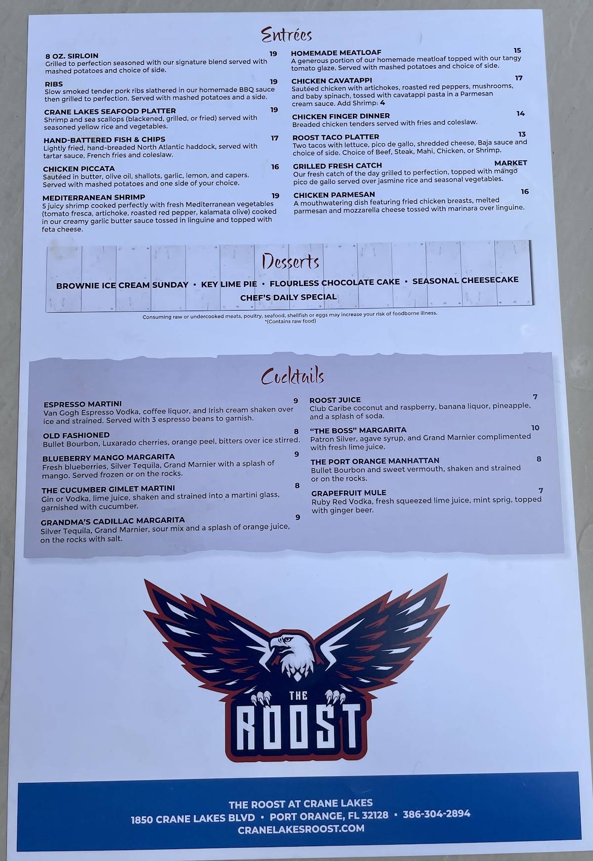 Menu at Cranes Roost restaurant, Port Orange