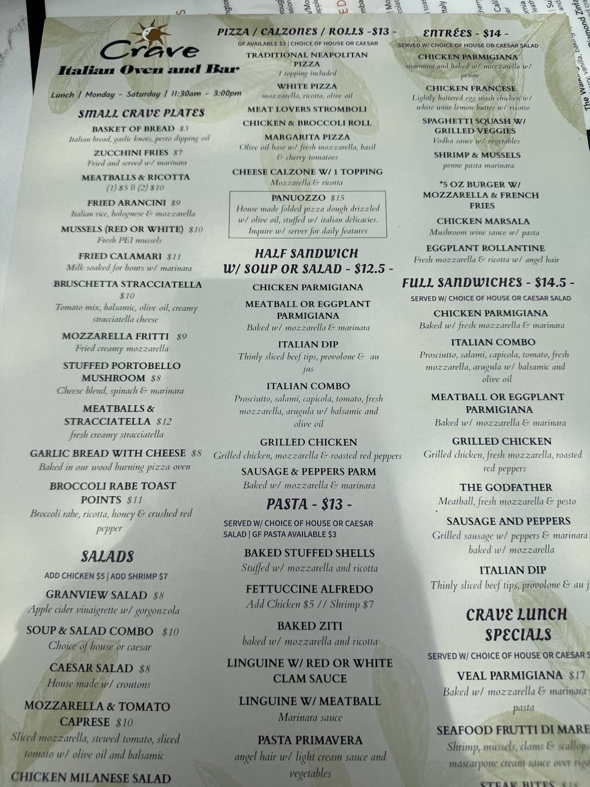 Menu at Crave Italian Oven & Bar Myrtle Beach, Myrtle Beach